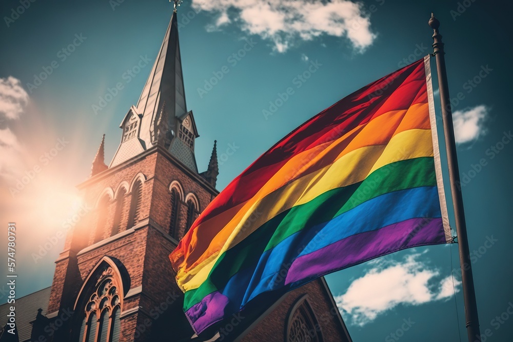 Lgbt rainbow pride flag in front of the Catholic church. Stock ...