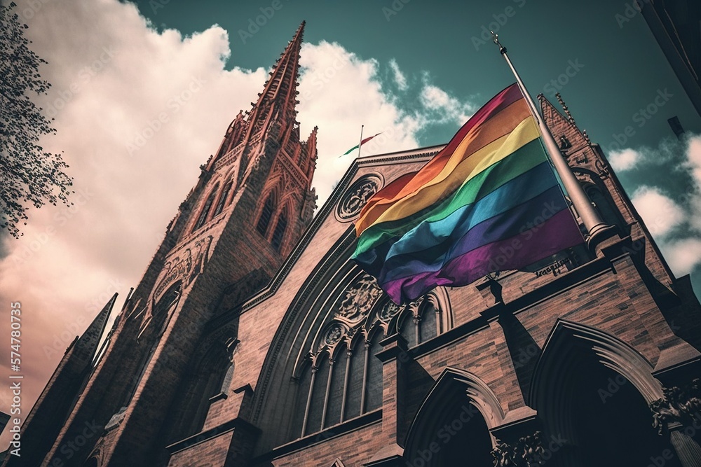 Lgbt rainbow pride flag in front of the Catholic church. Stock ...