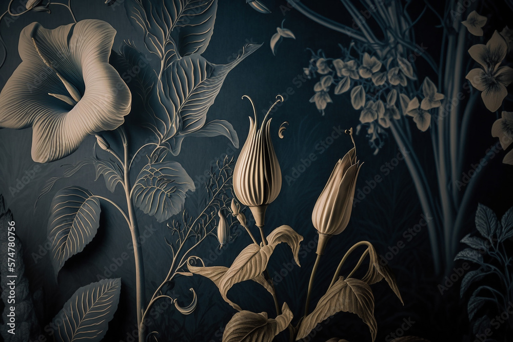 A chic vintage wallpaper of a rococo blooms flowers dreamy intricate ...