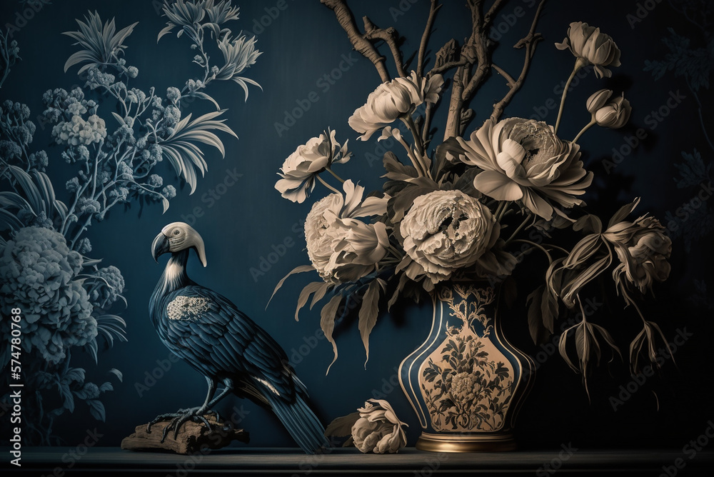 A chic vintage wallpaper of a rococo blooms flowers dreamy intricate ...
