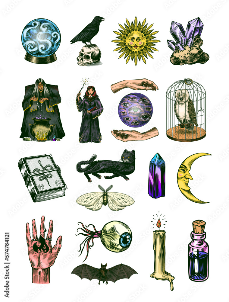 Witch brews a potion in a cauldron. Magic ball, book of spells, black ...