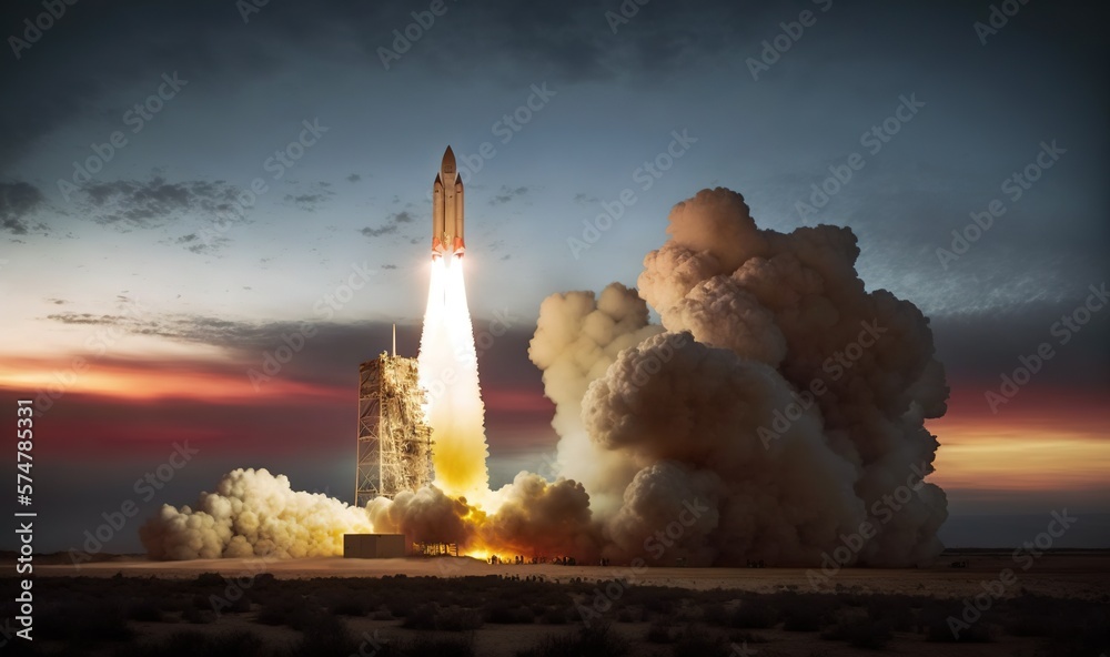 a rocket is launching into the sky with smoke and smoke billowing out ...