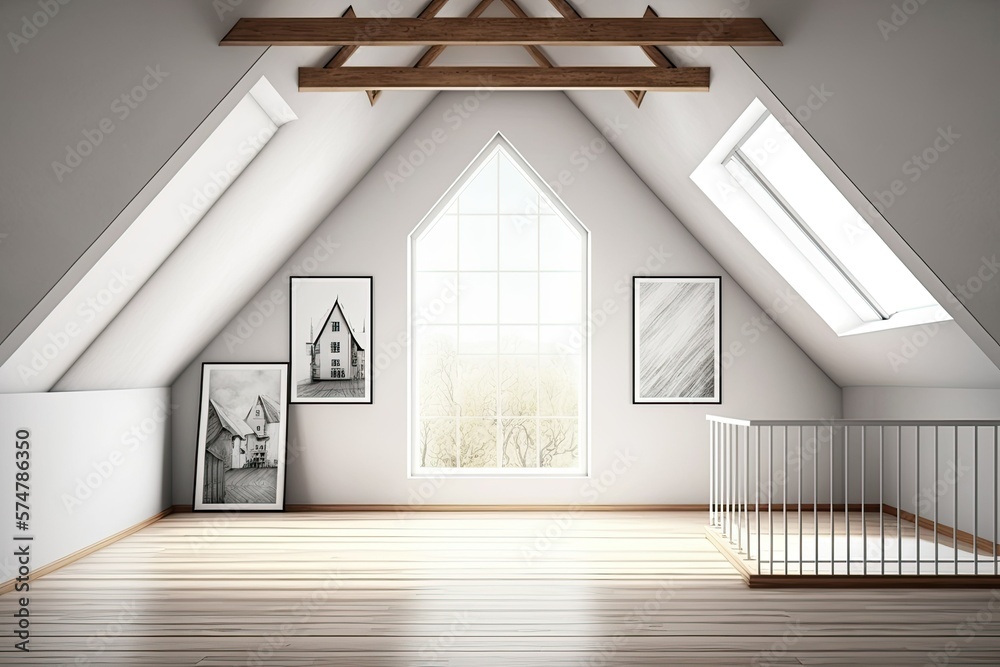 Attic loft with windows, stairwell, and hardwood floor. illustration ...