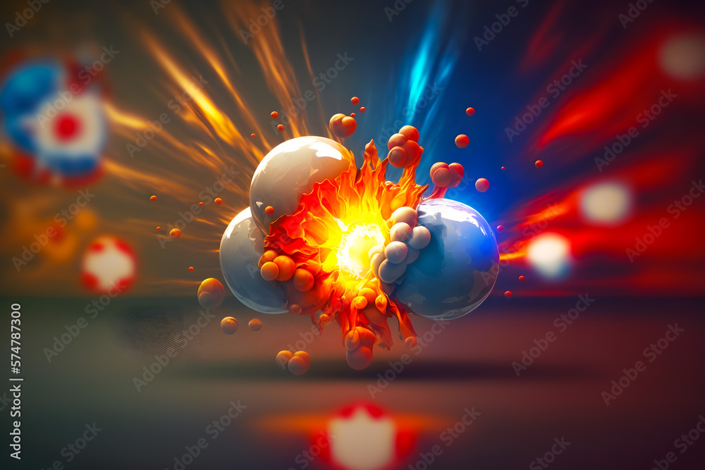 Collision of nuclei of elementary particles, image of nuclear reactions ...