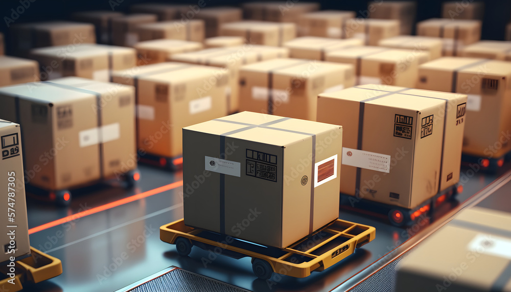 Boxes on conveyor. Automated warehouse process. Cardboard parcels on ...