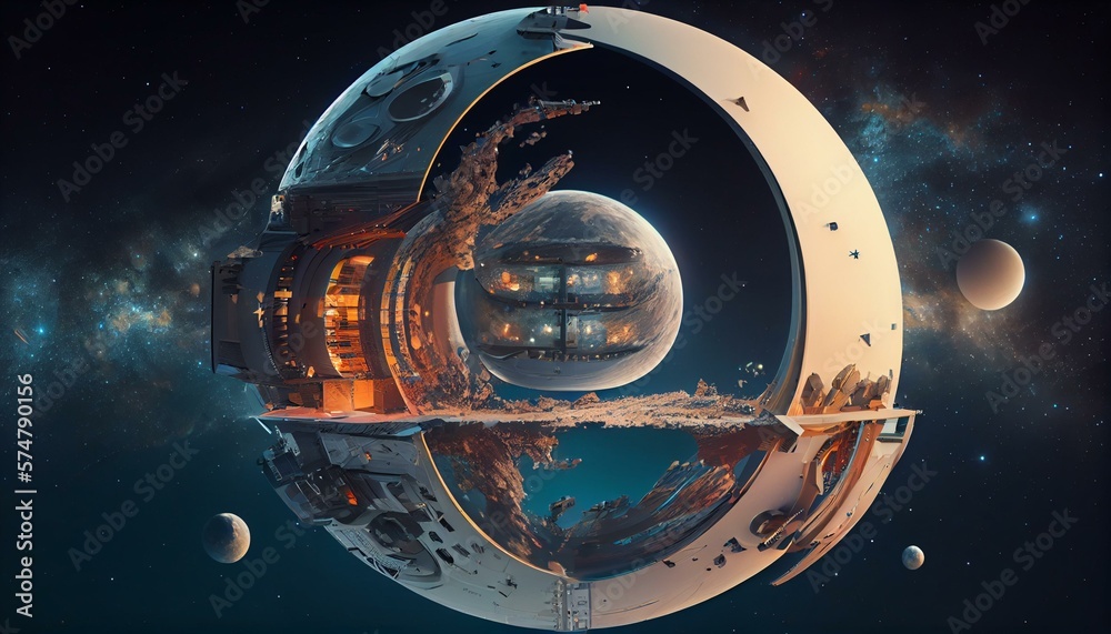 A futuristic space station with a sleek and minimalistic design ...