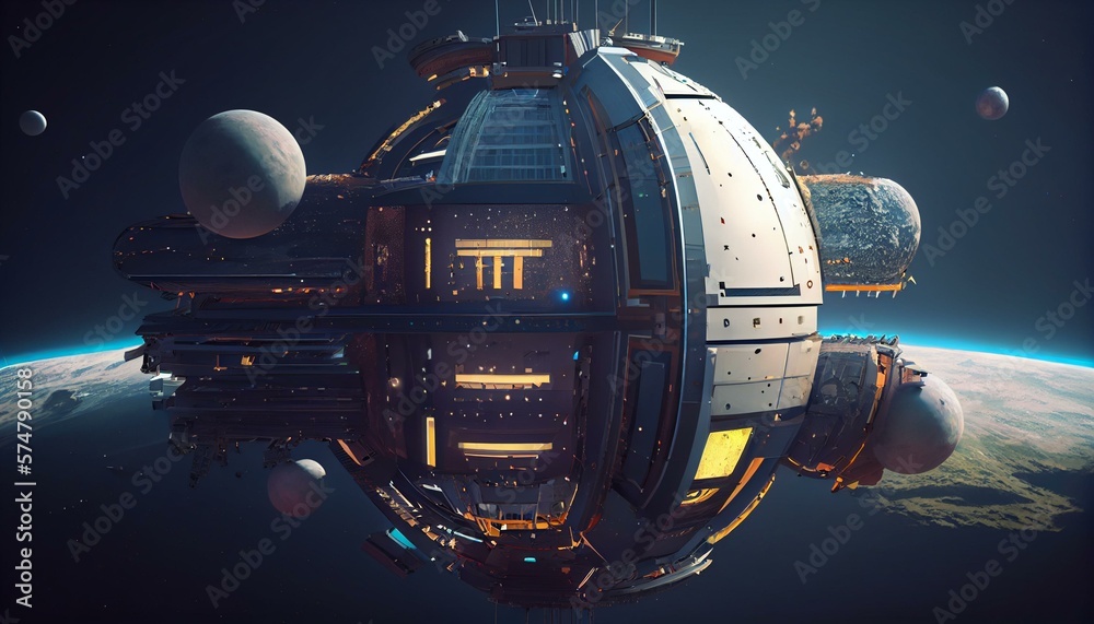 A futuristic space station with a sleek and minimalistic design ...