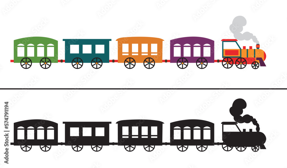 Funny train cartoon (colorful and black options) vector icon isolated ...