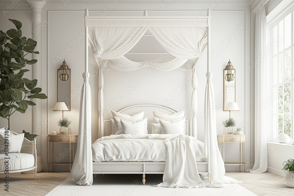 Zen-like ambiance over a luxury classic bedroom with a double canopy bed, blankets, carpet ...