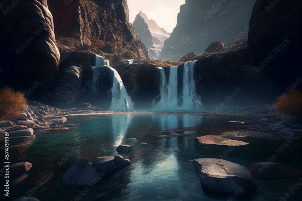 wide angle photography of Waterfalls, hyper detailed, ultra smooth, natural lighting, cinematic ...