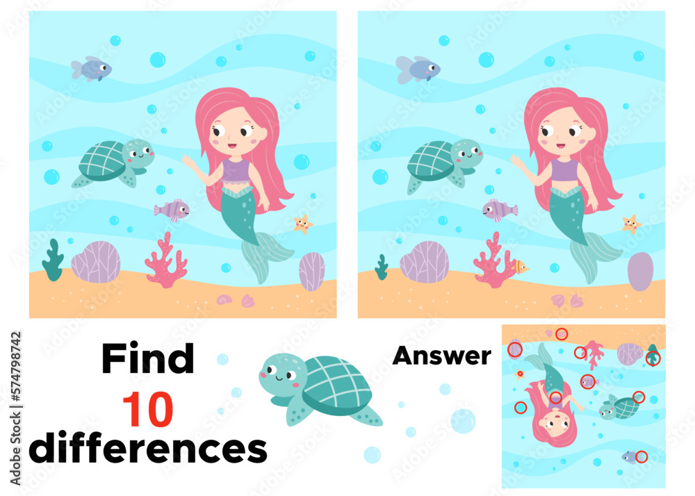 Find 10 differences. Educational game for children. Underwater theme ...