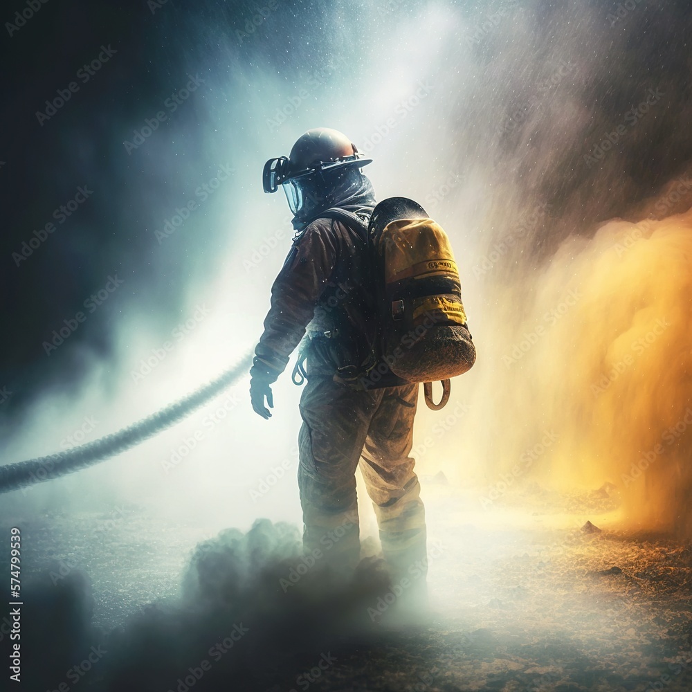 Firefighter using extinguisher or Twirl water fog type fire ...