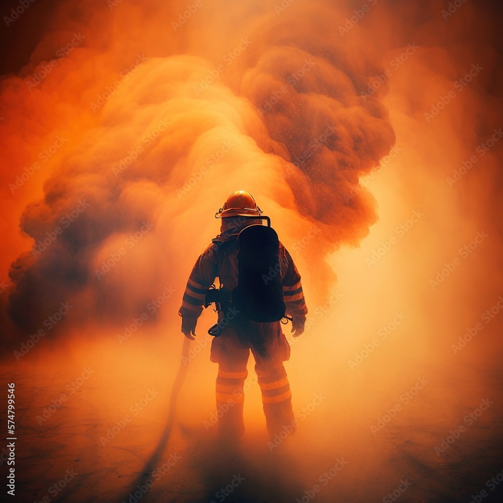 Firefighter using extinguisher or Twirl water fog type fire ...