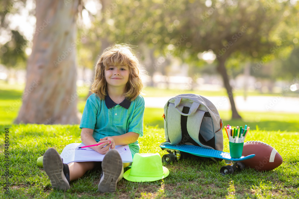 Child painter draw on playground. Kid boy create artist paints, summer ...