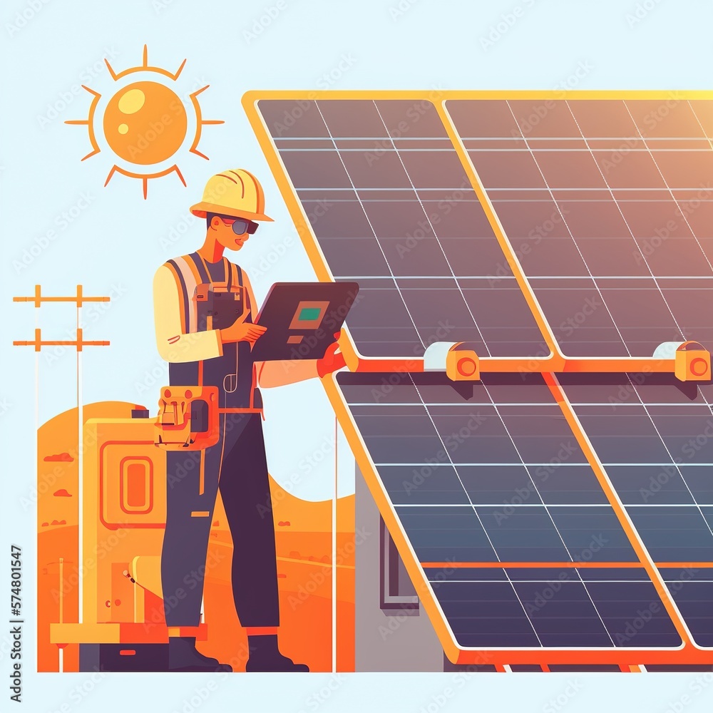 Roof inspect and check solar cell panel by hold equipment box and radio ...