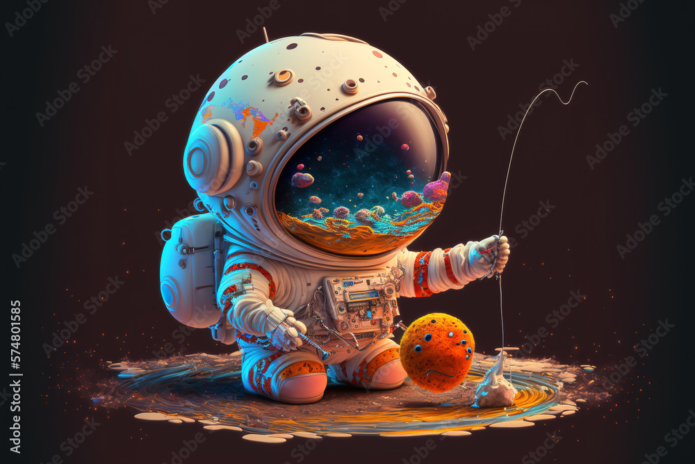 Cartoon icon artwork of a cute astronaut fishing a planet in space ...