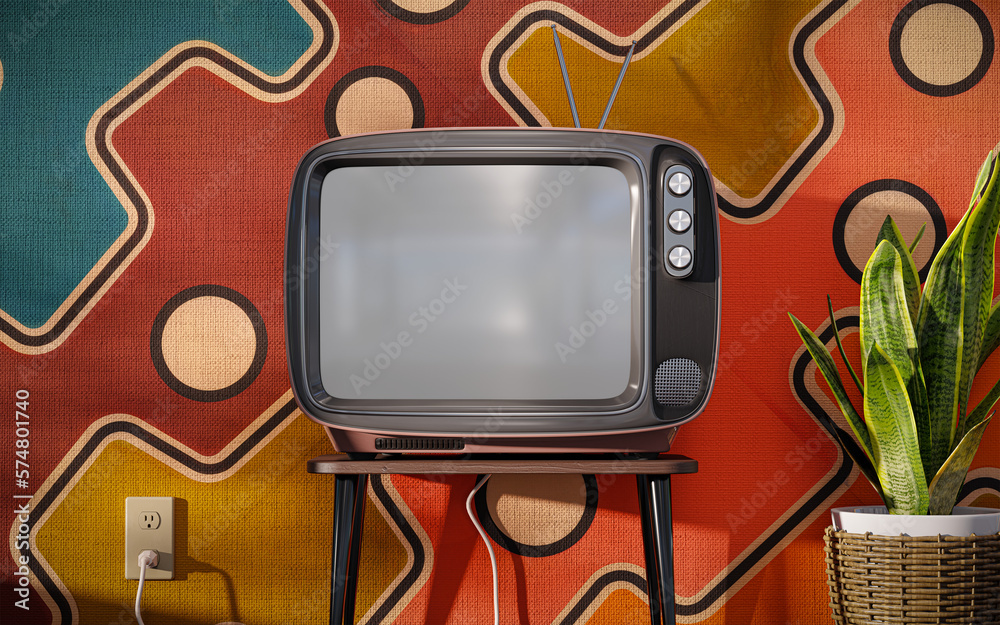 Vintage blank transparent screen TV against to 60s wallpaper, next to ...