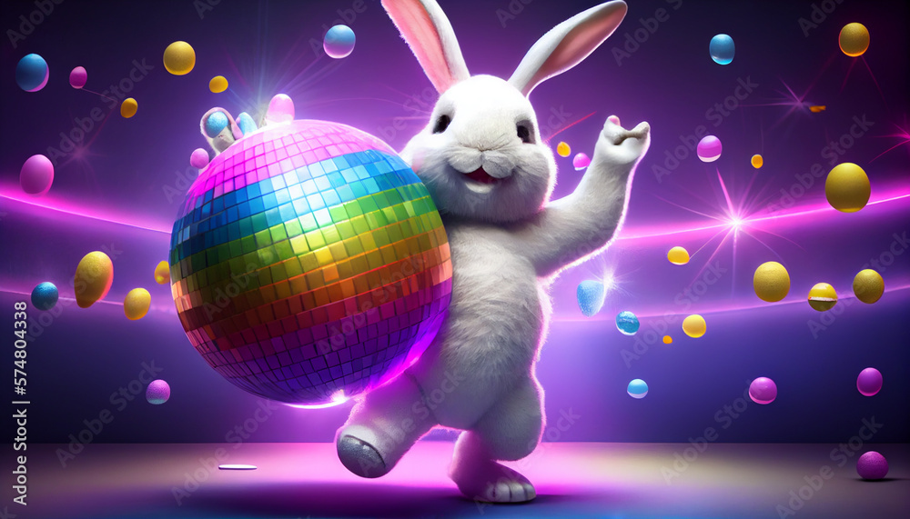 Easter bunny on the dance floor in disco style. Easter eggs are stylized as a disco ball ...