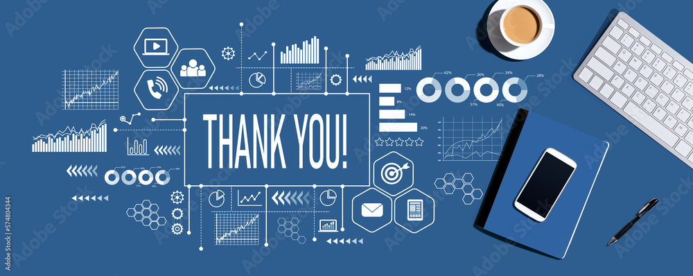 Thank you message with a computer keyboard and office items Stock Photo ...