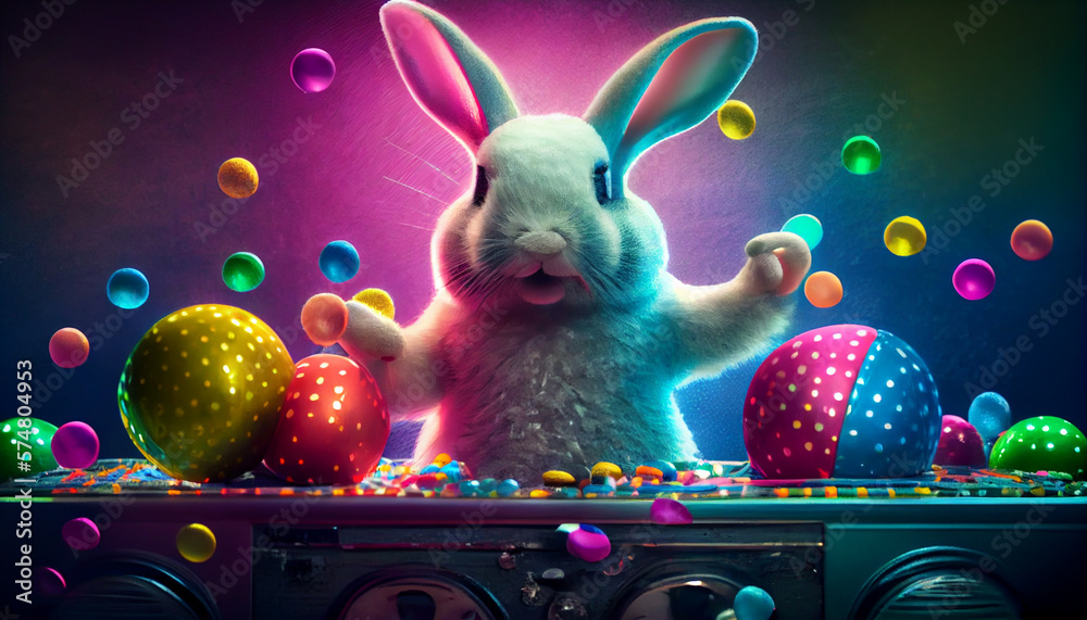 Easter bunny on the dance floor in disco style. Easter eggs are ...