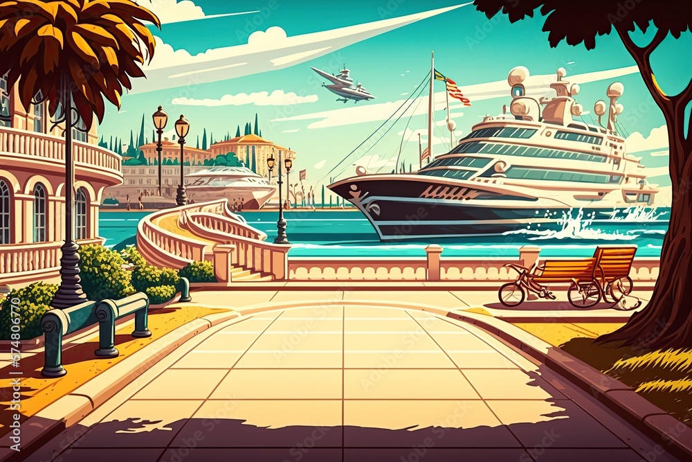 cartoon illustration, summer sea with cruise ship and motorboat in the ...