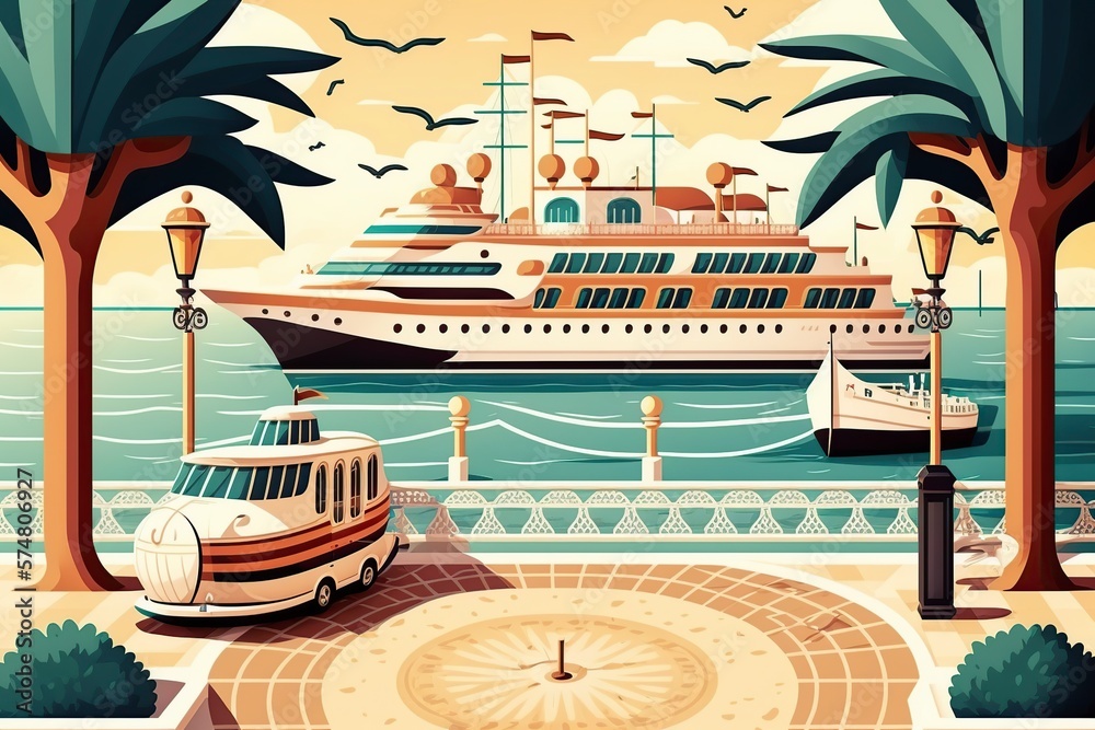 cartoon illustration, summer sea with cruise ship and motorboat in the ...