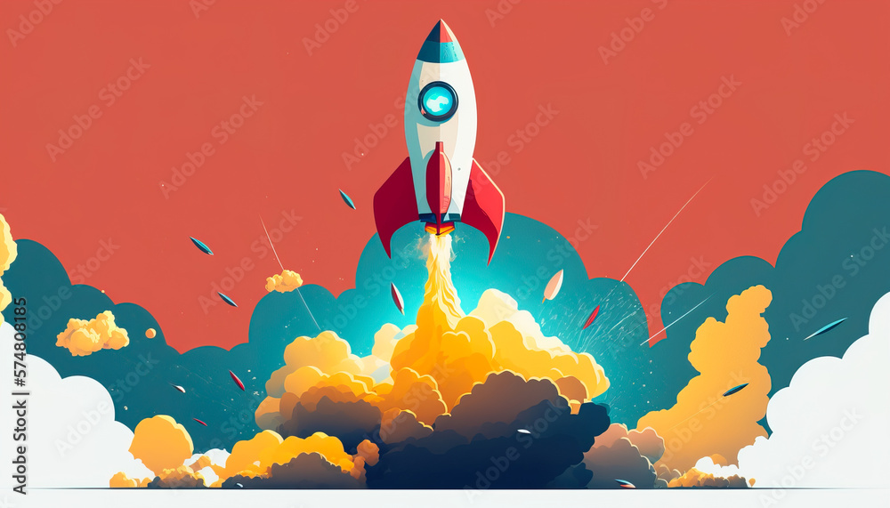 Rocket start up - Against a backdrop of fluffy white clouds, the rocket ...