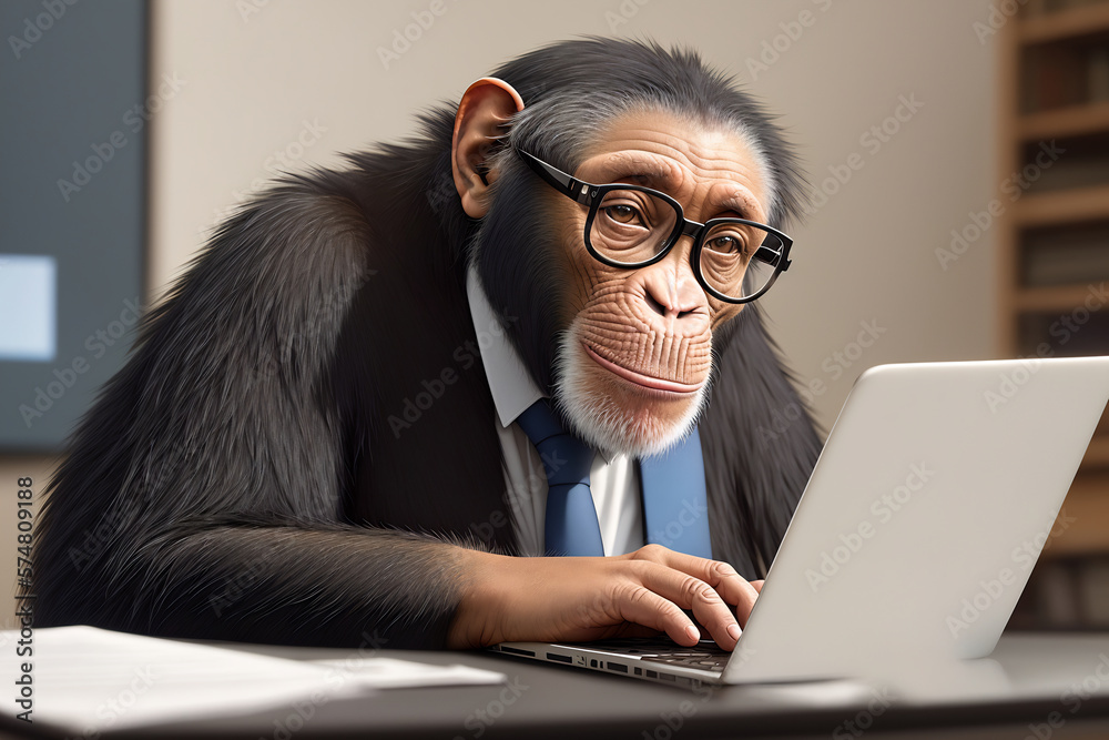 A antropomorhic chimpanzee ape in a suit and tie in role of a ...