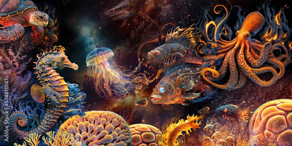 Predator and prey ocean scene collage from many AI generations. Stock ...