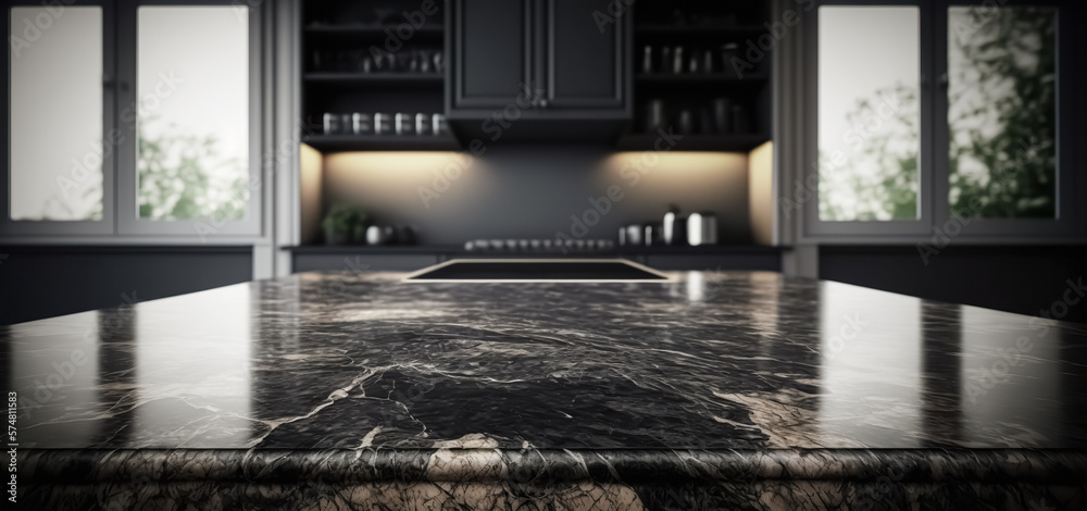 Modern empty dark marble table top or kitchen island on blurry bokeh kitchen room interior ...