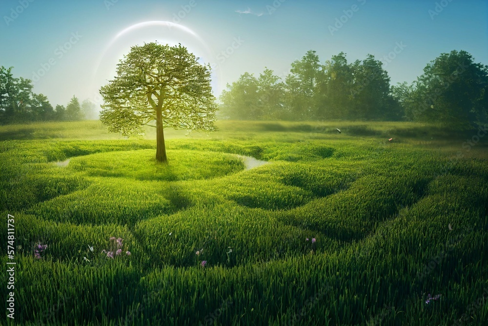 Circle cutaway of a realistic grassy meadow with a tree, A spherical ...
