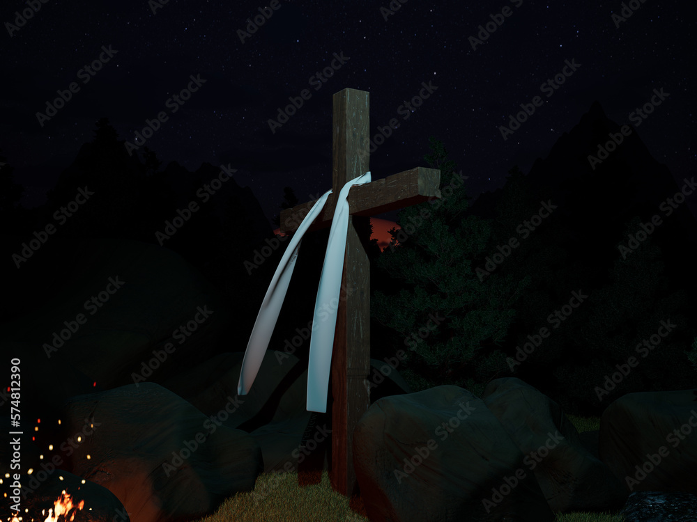 Sad symbol holy cross on mountain at night, celebrating easter and ...