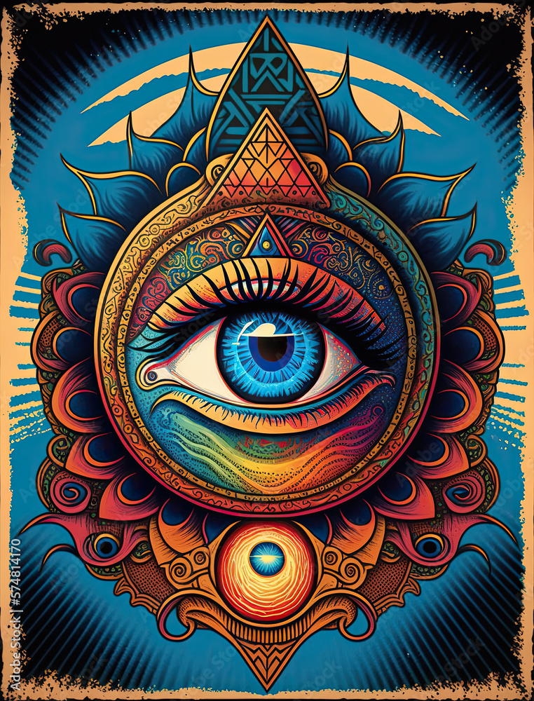 Psychedelic all seeing eye and pyramid design with vibrant colors ...