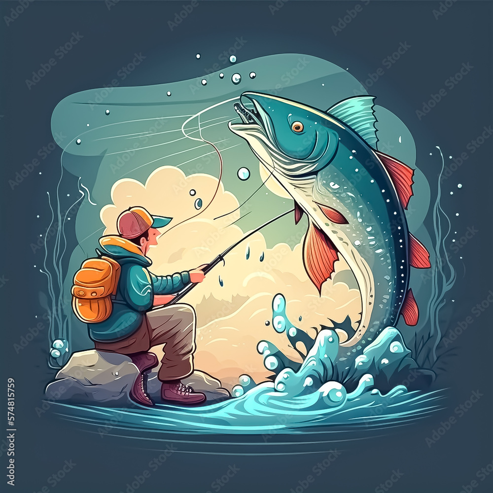 Fisherman and trout, Fishing by anglers cartoon underwater scene ...