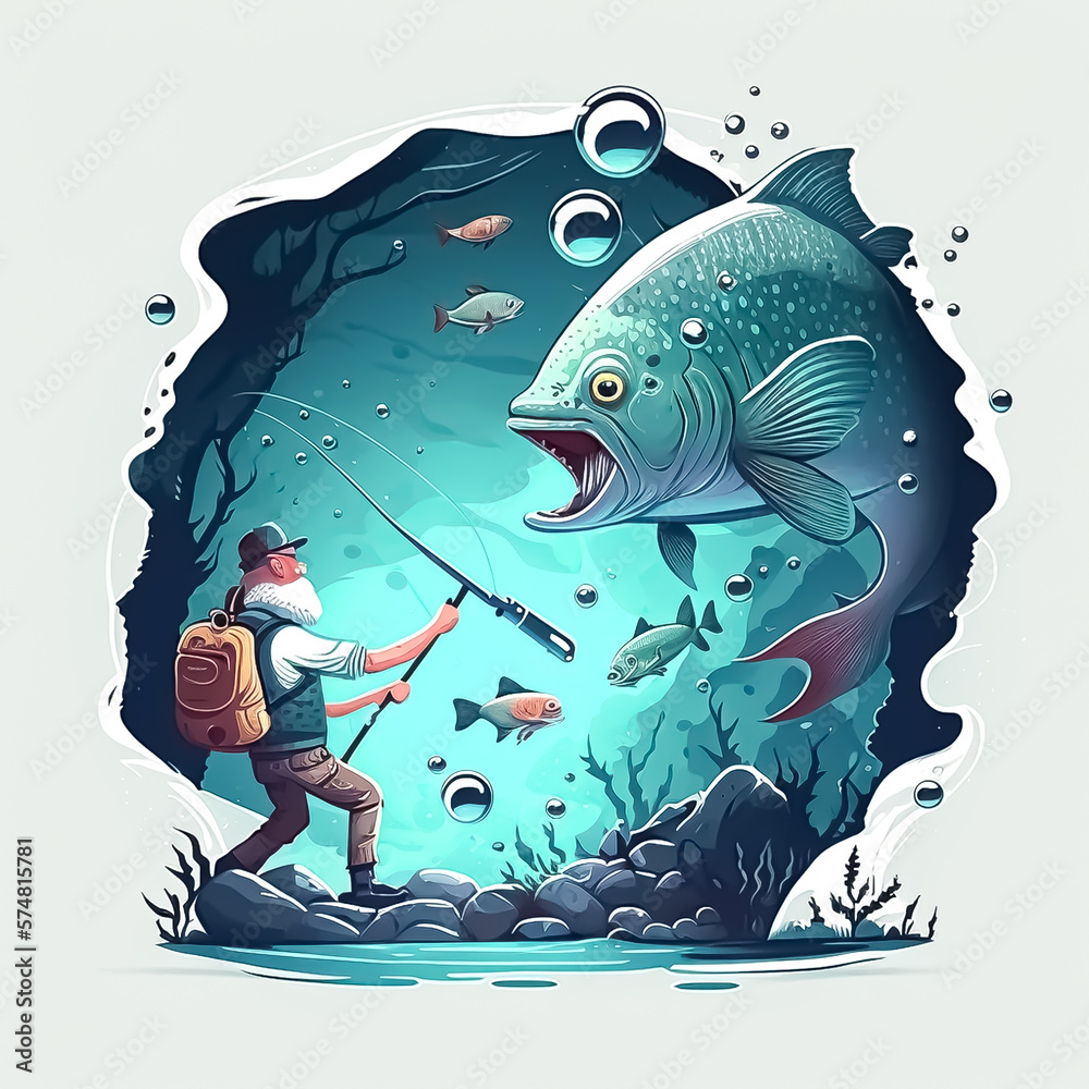 Fisherman and trout, Fishing by anglers cartoon underwater scene ...