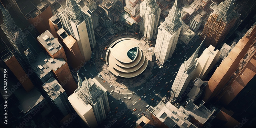 bustling cityscape filled with tall skyscrapers crisscrossing roads and ...