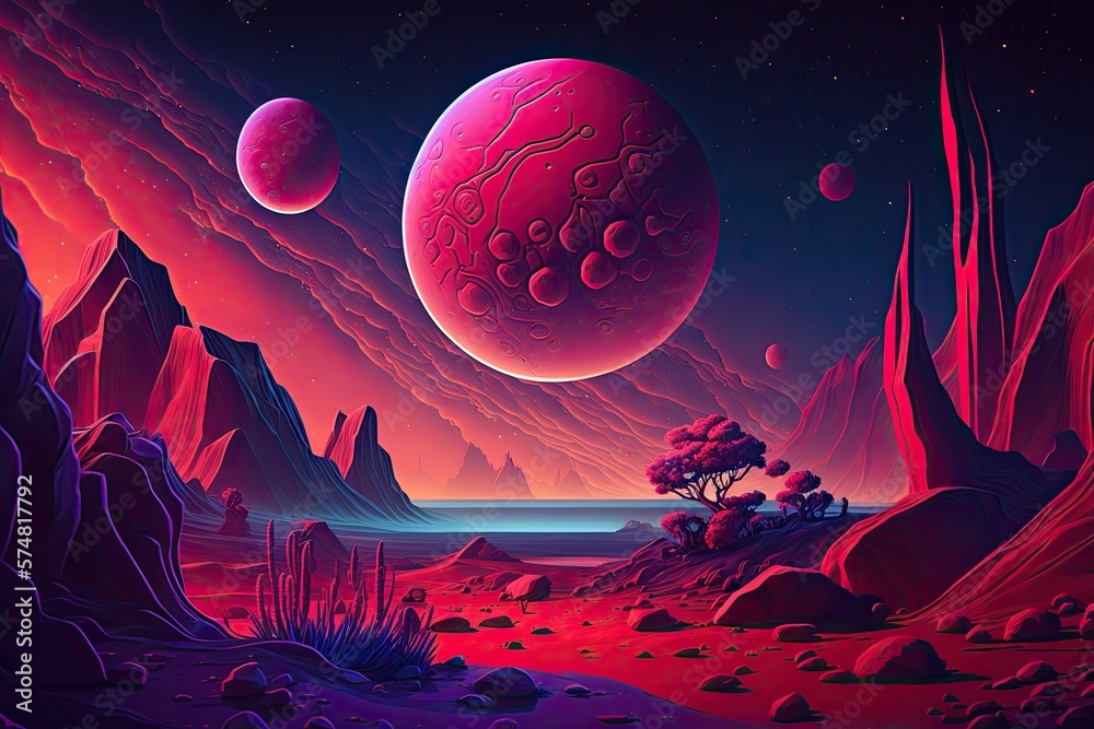 Earth like alien planet in red landscape Planets Saturn or Jupiter ...