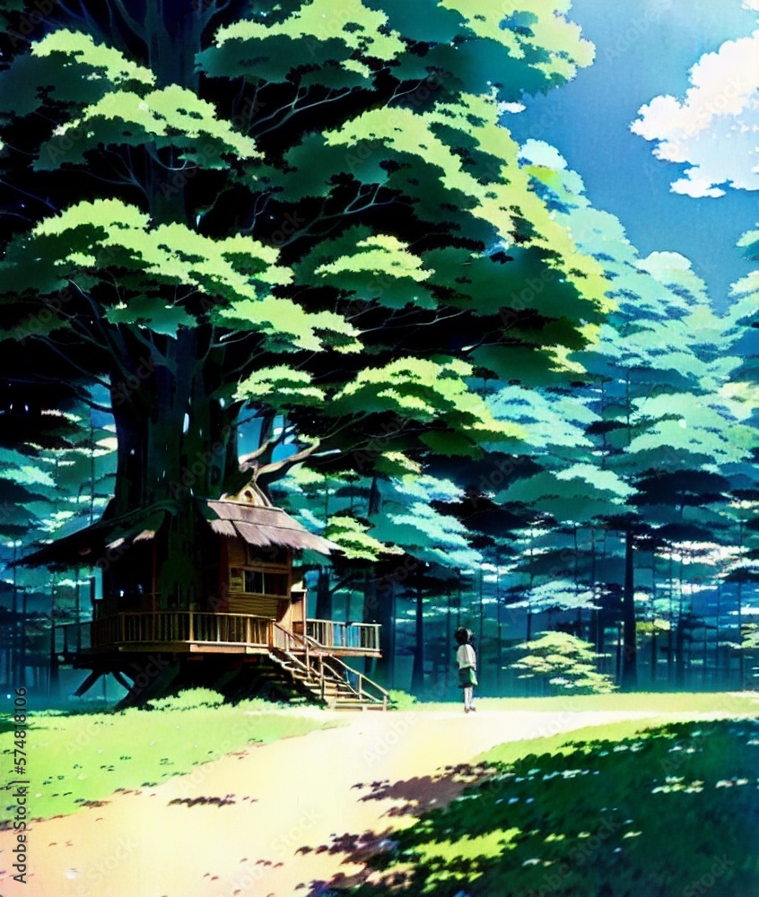 anime style illustration of a treehouse in a large tree, beautiful ...