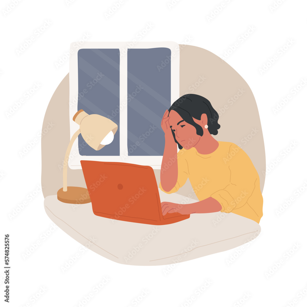 Staying up late isolated cartoon vector illustration. Tired woman works ...