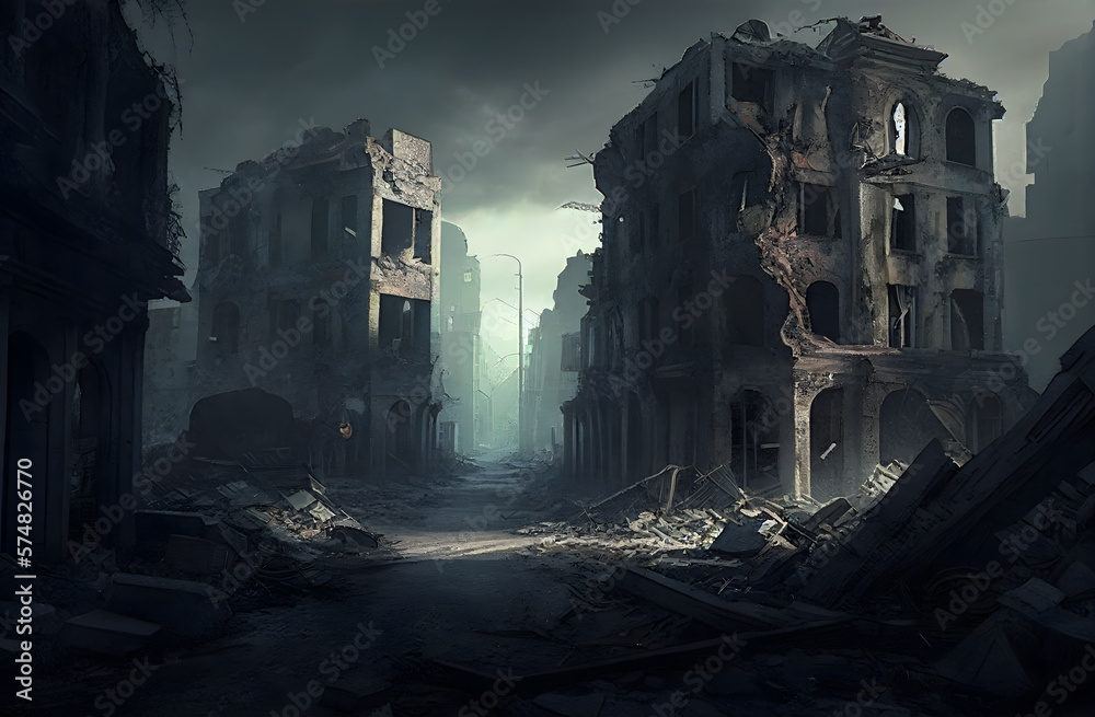 A city destroyed by war, shown in a dark atmosphere. Dust, damage and ...