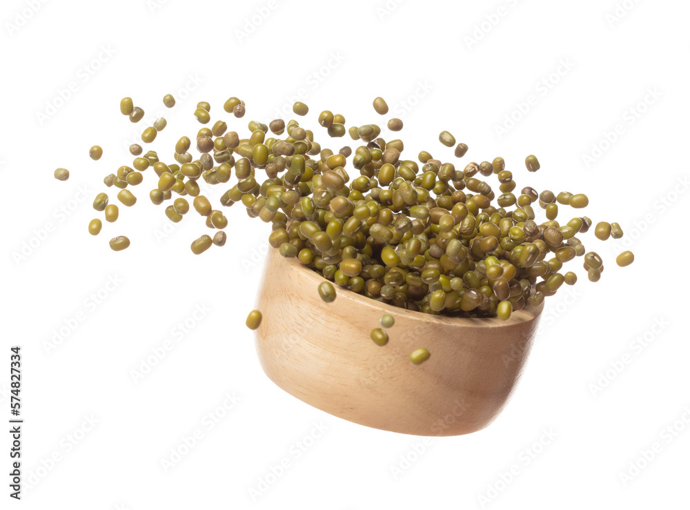 Green mung beans fly throw up in wooden bowl, green mung bean float ...