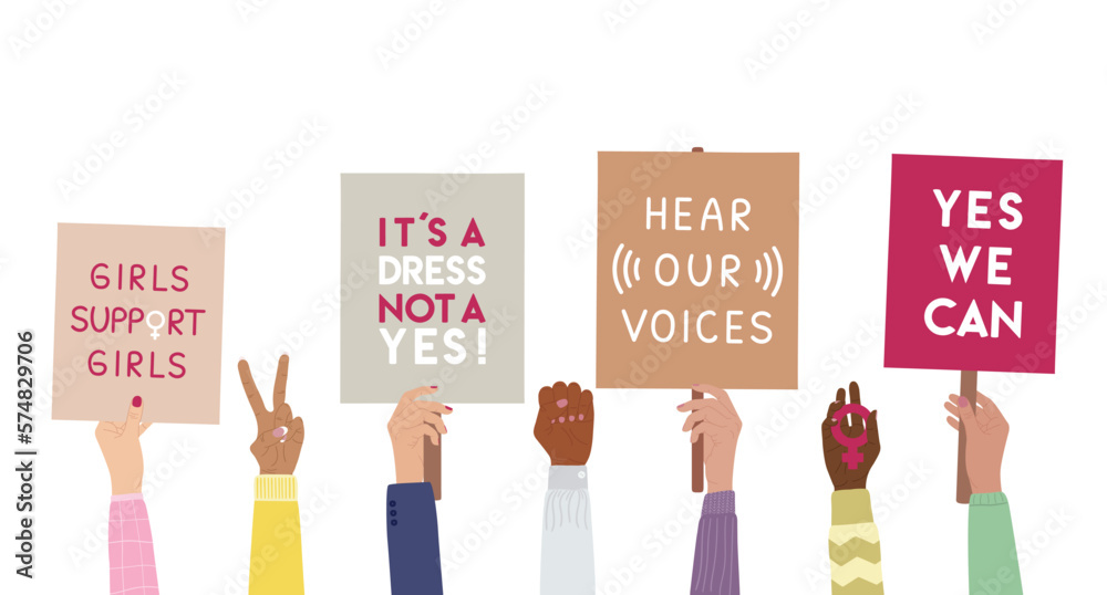 Feminist strike. Hands of diverse woman hold banners with woman ...
