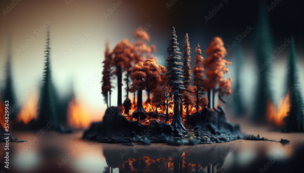 Tilt shift, macro model of raging inferno forest fire on an island ...