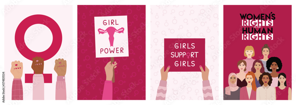 Set of feminist cards with woman rights, empowerment, girl power, fight ...