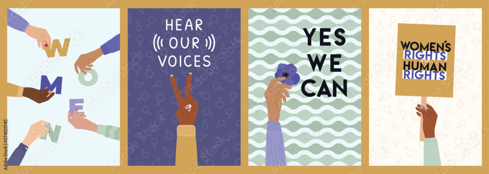Set of feminist cards with woman rights, empowerment, girl power, fight ...