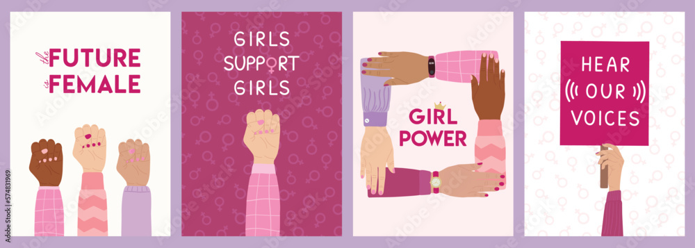 Set of feminist cards with woman rights, empowerment, girl power, fight ...