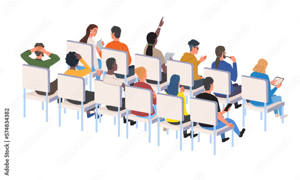 Audience at conference. Backs of people sitting on chair. Seminar and ...