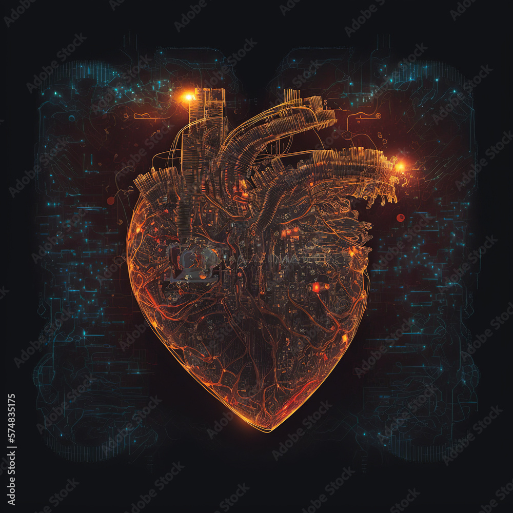 Cyber heart of Artificial Intelligence. Heart with Bursting Light ...
