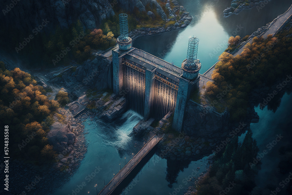 Aerial photography, a riverside hydroelectric dam, a reservoir's water ...