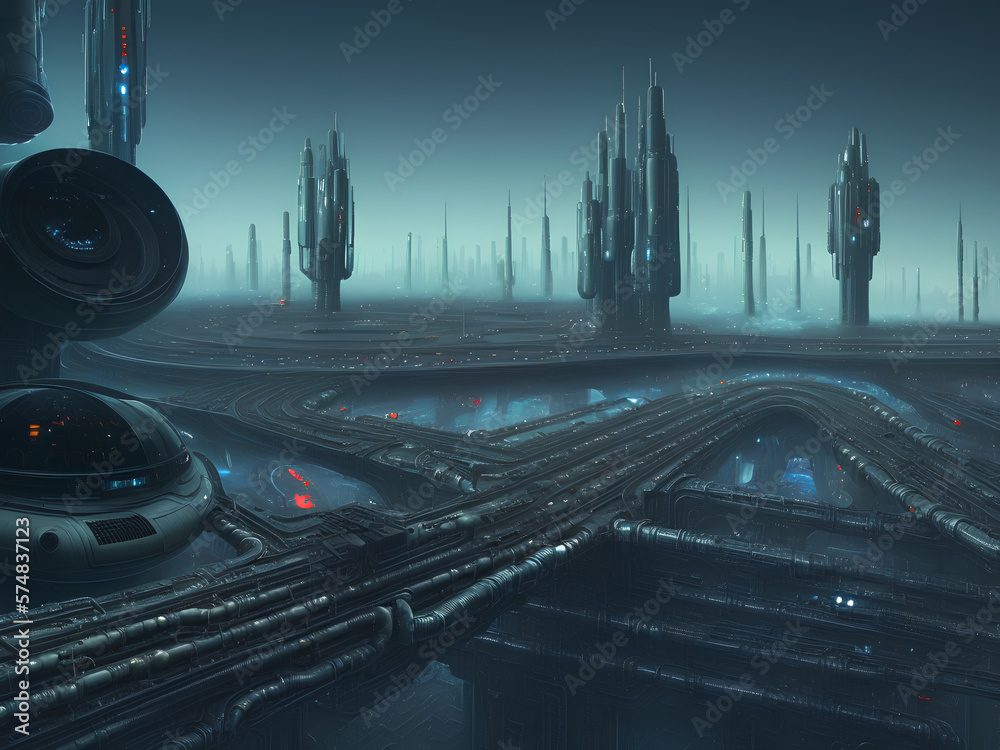Sci Fi alien cityscape on a planet with flashing lights clouds Stock ...